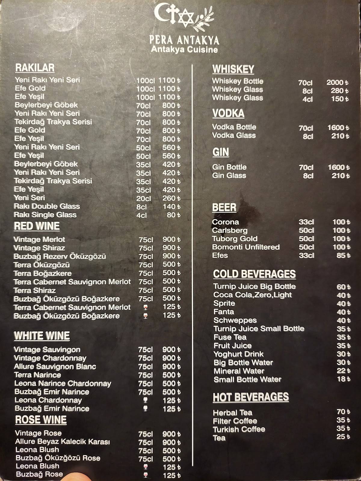 Menu at Pera Antakya, Istanbul