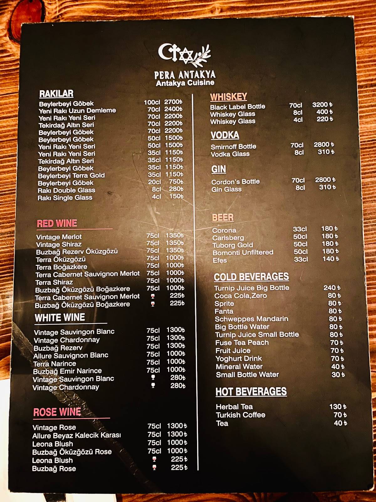 Menu at Pera Antakya, Istanbul