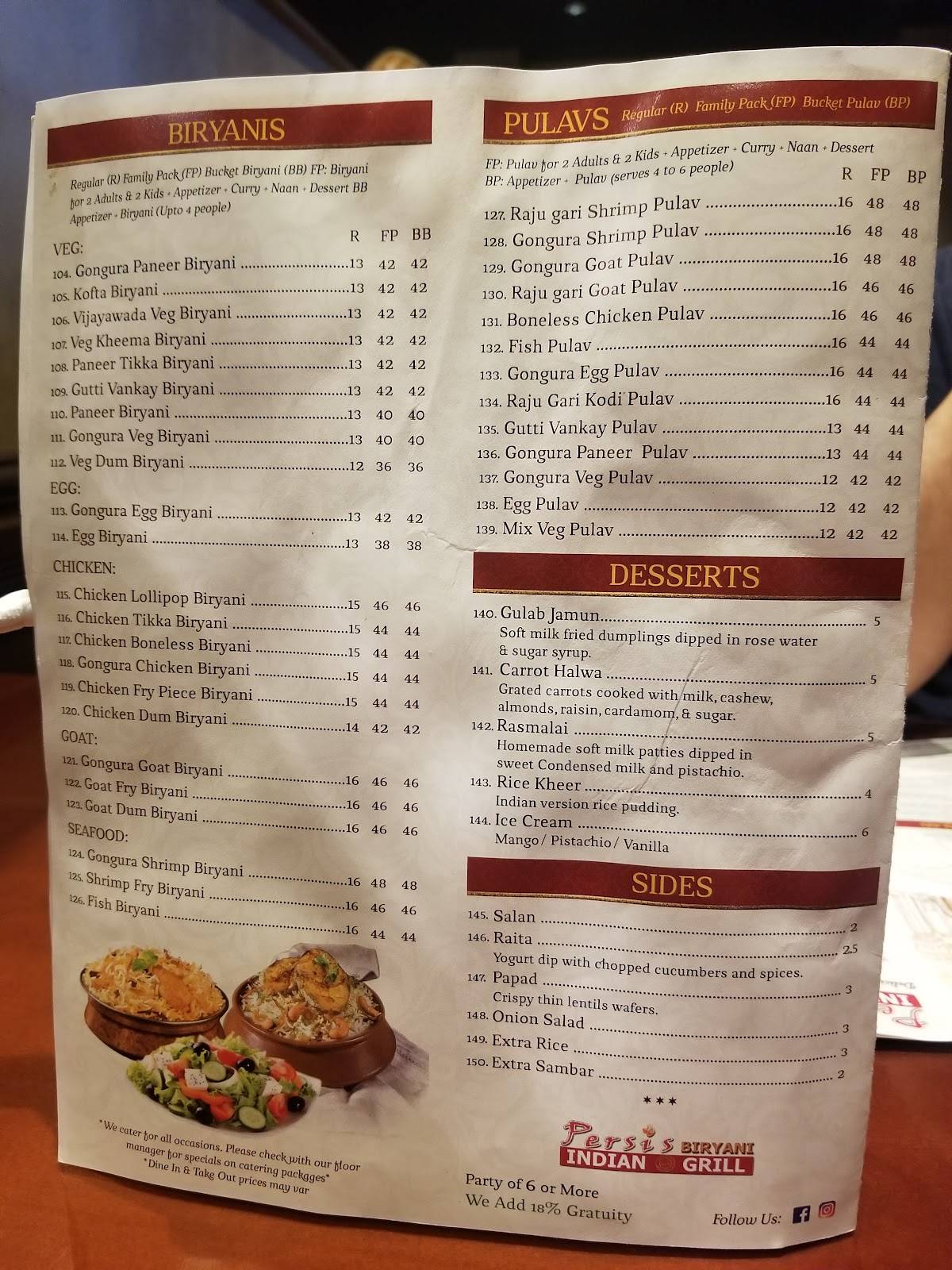 Menu at NAMASTE INDIAN RESTAURANT AND BAR, Franklin