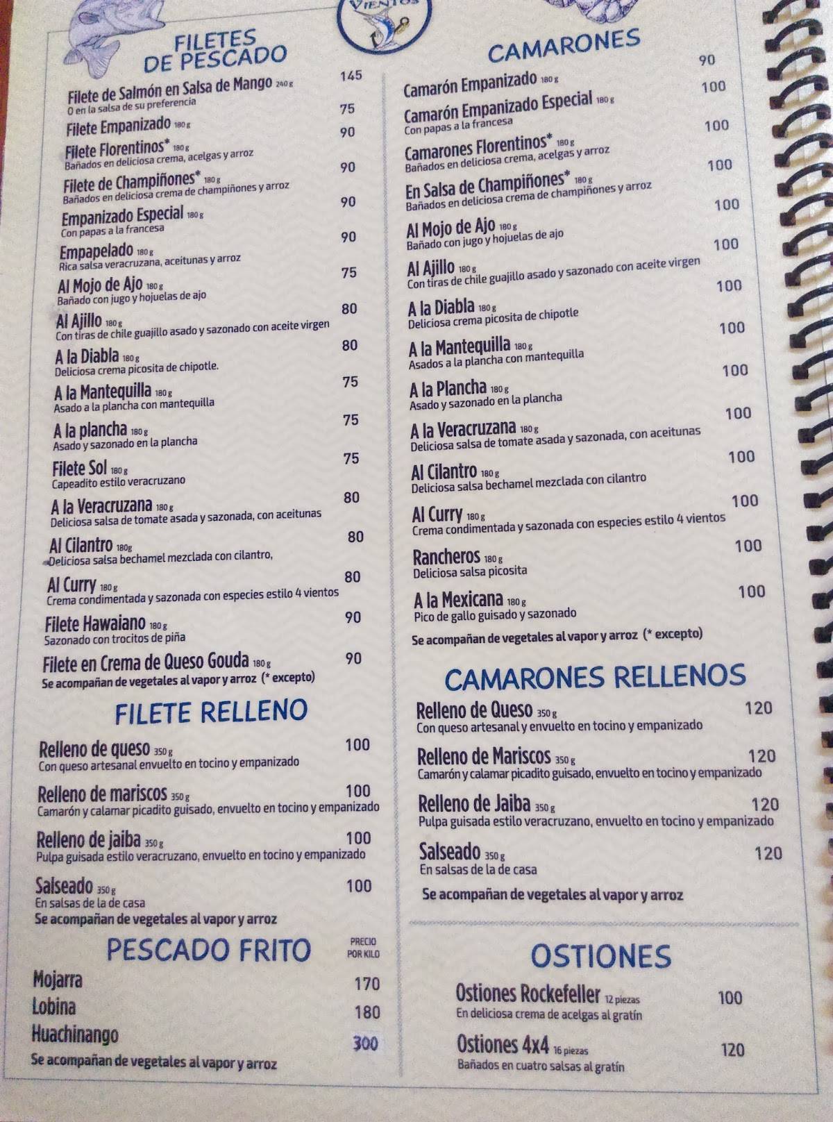 Carta del restaurante Pescados y Mariscos Los Cuatro Vientos, Durango ...