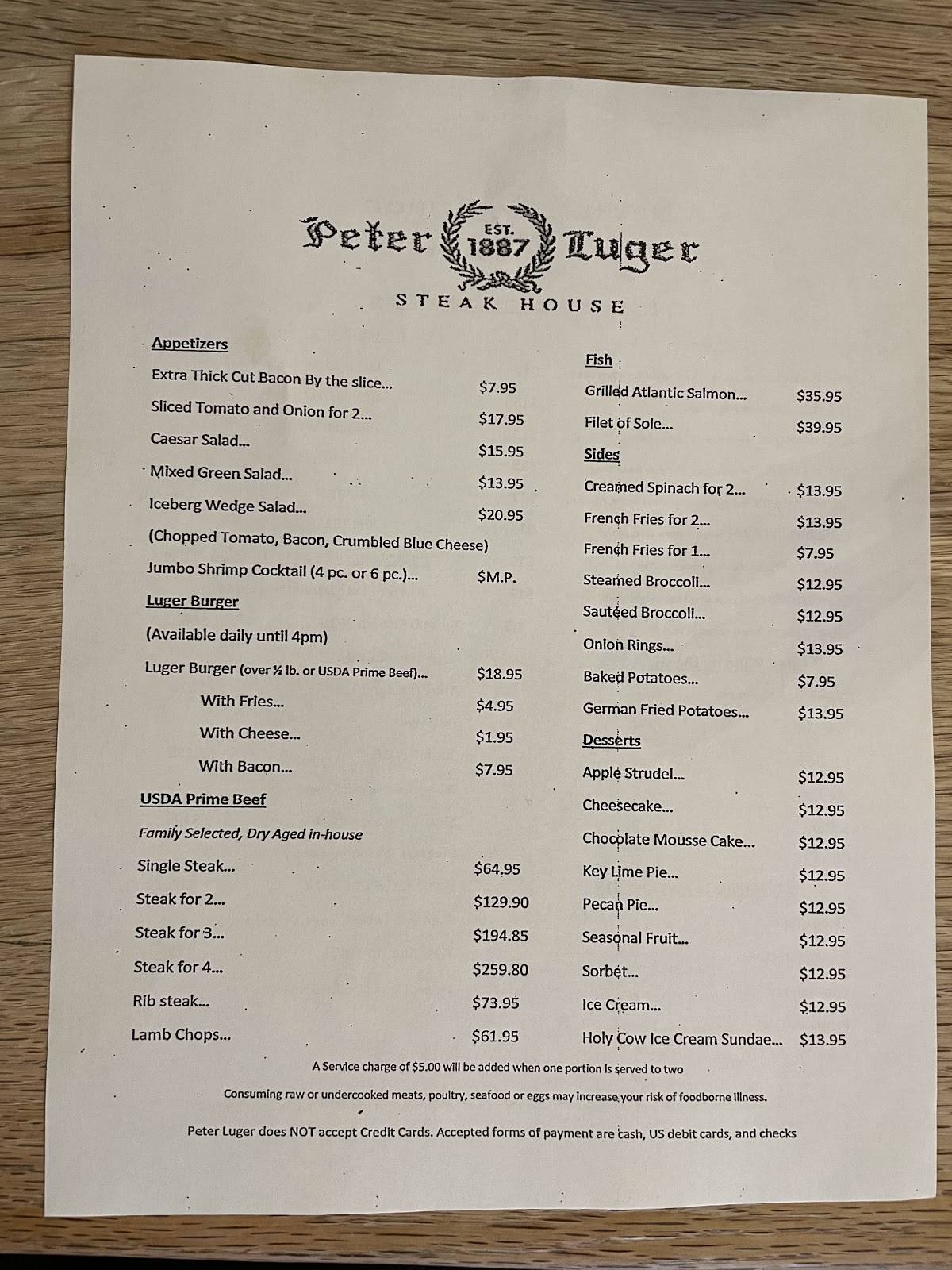 Menu at Peter Luger Steak House steakhouse, New York City, 178 Broadway