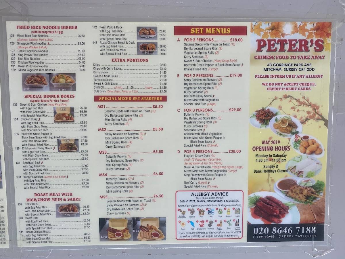 Menu at Peter's fast food, London, 43 Gorringe Park Ave