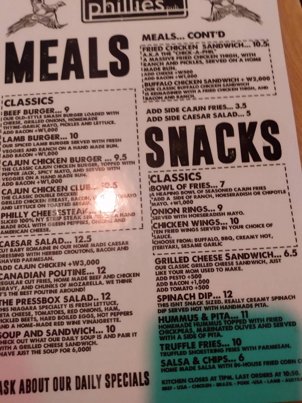 Menu at Phillies Pub, Seoul