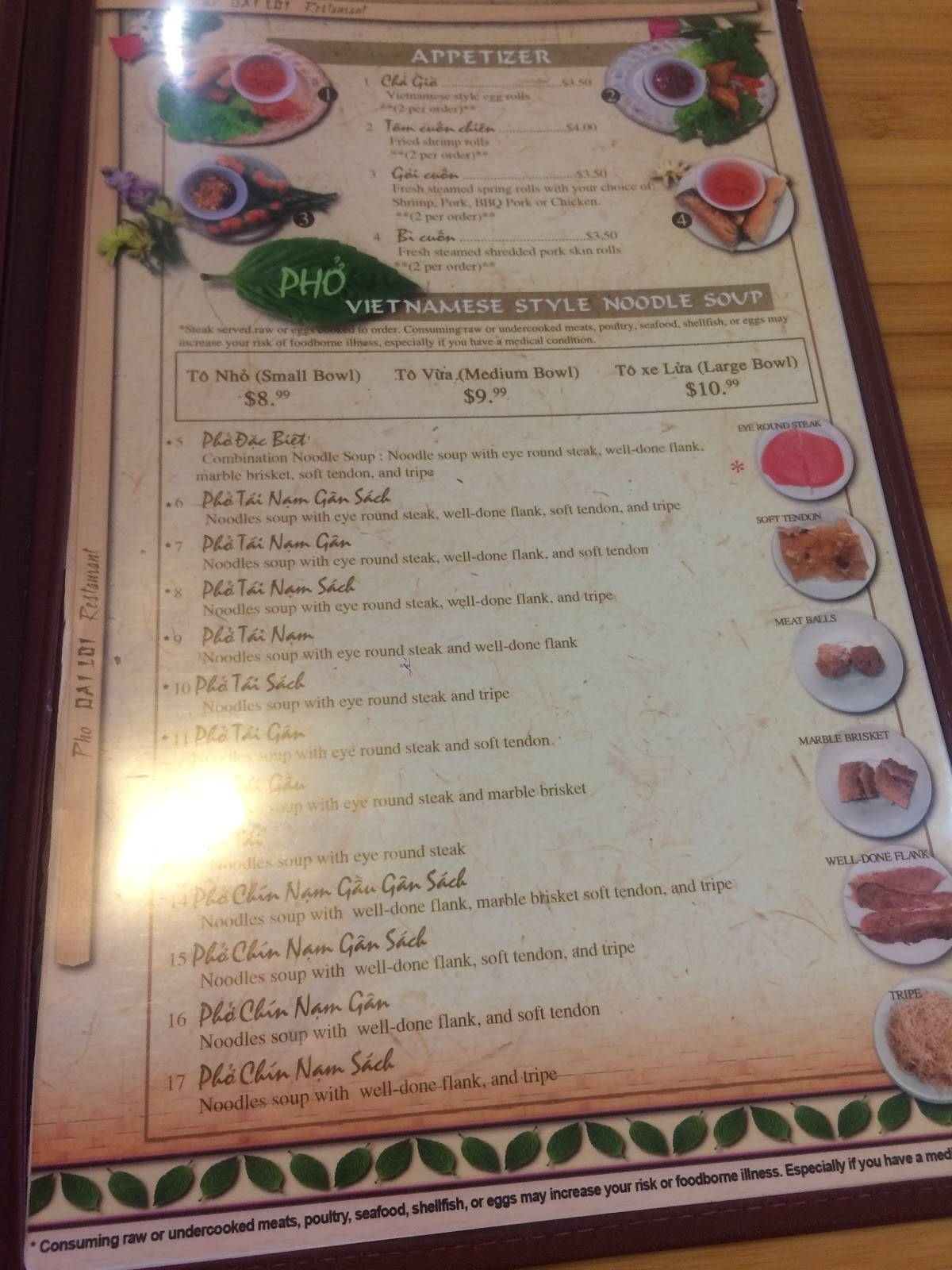 Menu at Pho Dai Loi #3 restaurant, Duluth