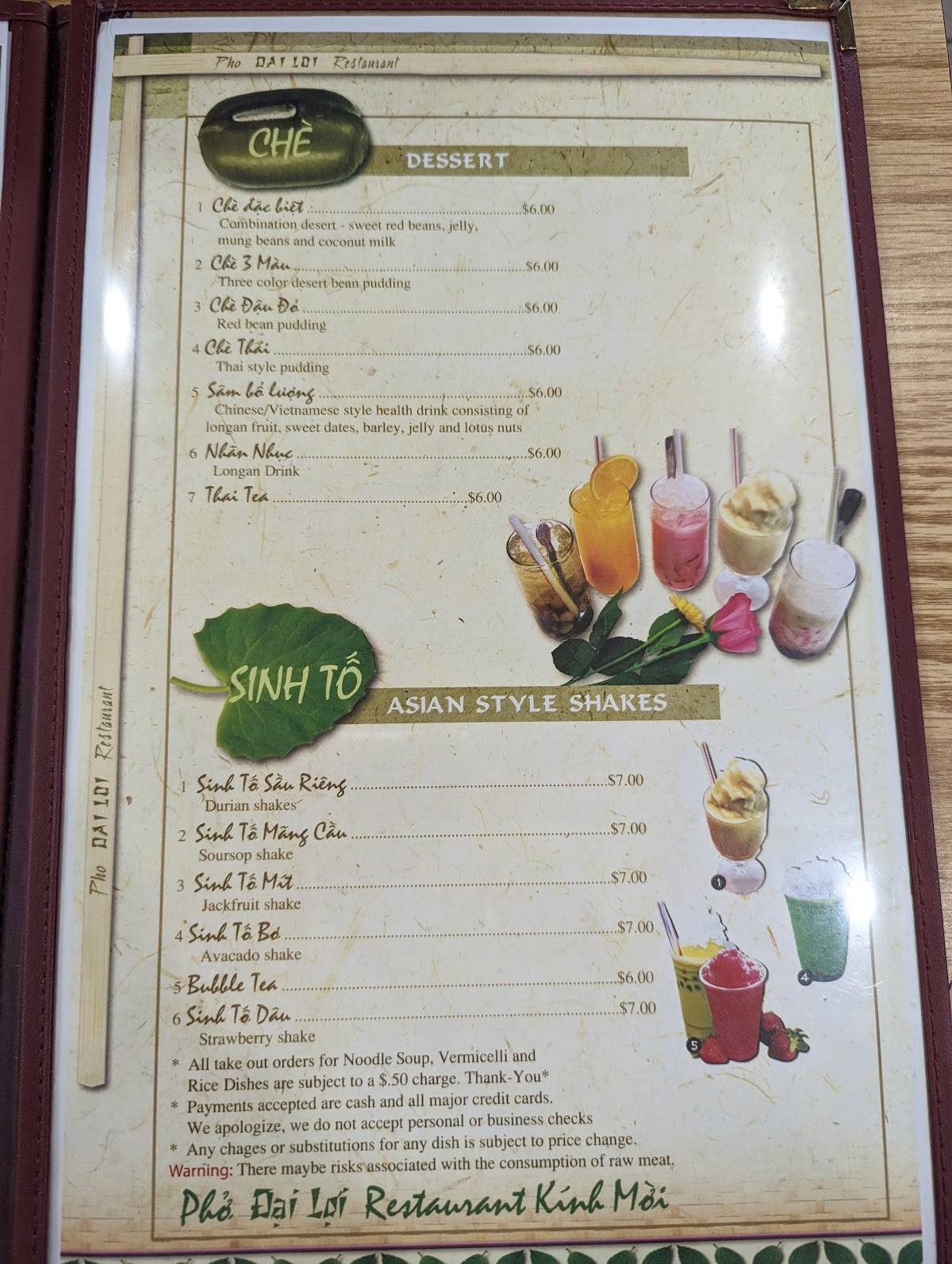 Menu at Pho Dai Loi #3 restaurant, Duluth