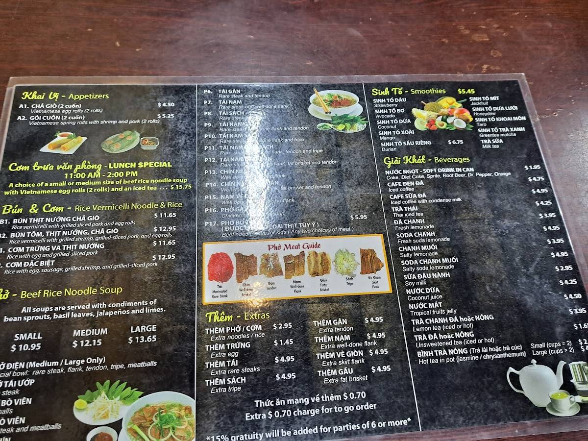 Menu at Pho Dien 1960 restaurant, Humble