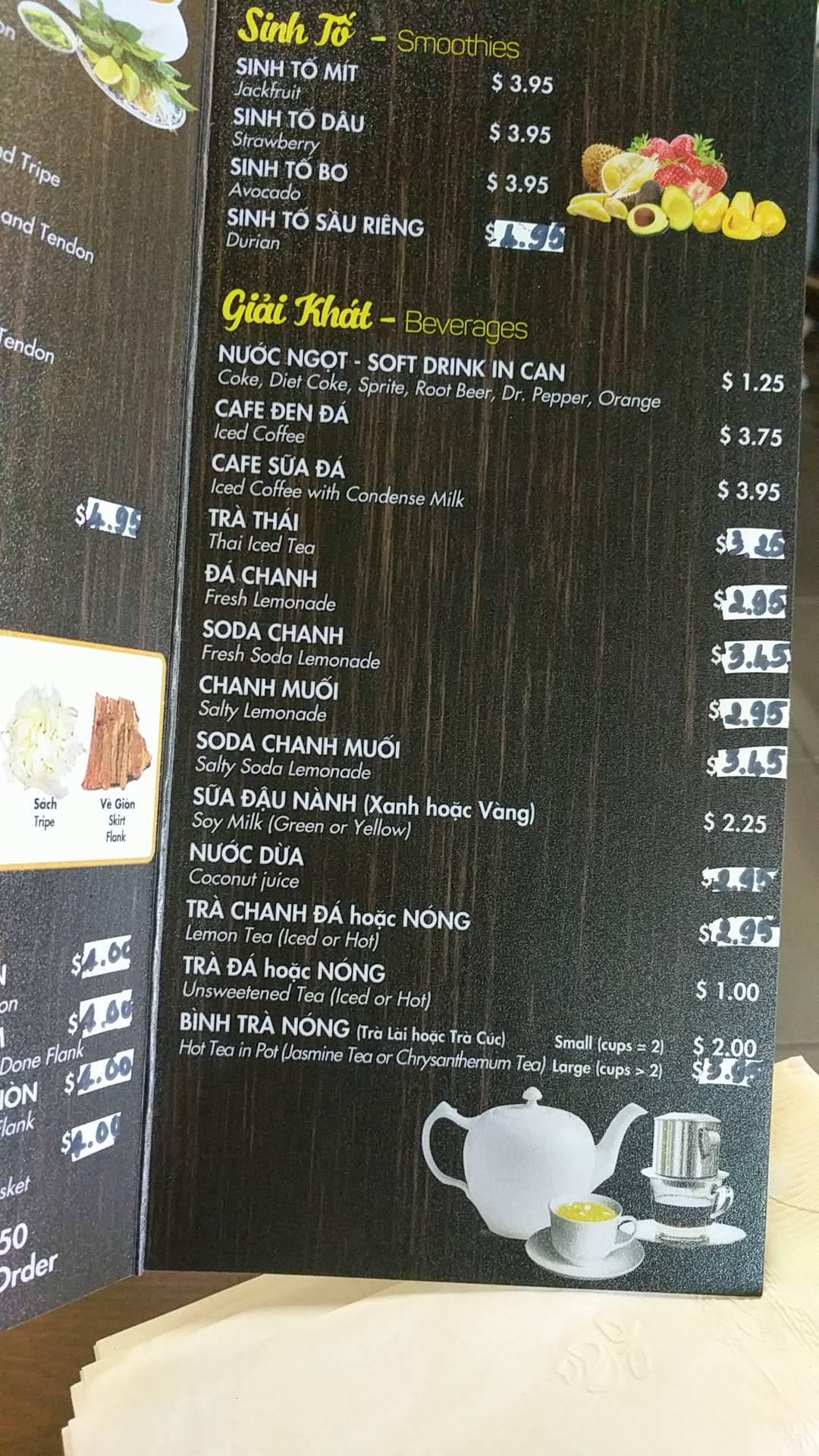 Menu at Pho Dien 1960 restaurant, Humble