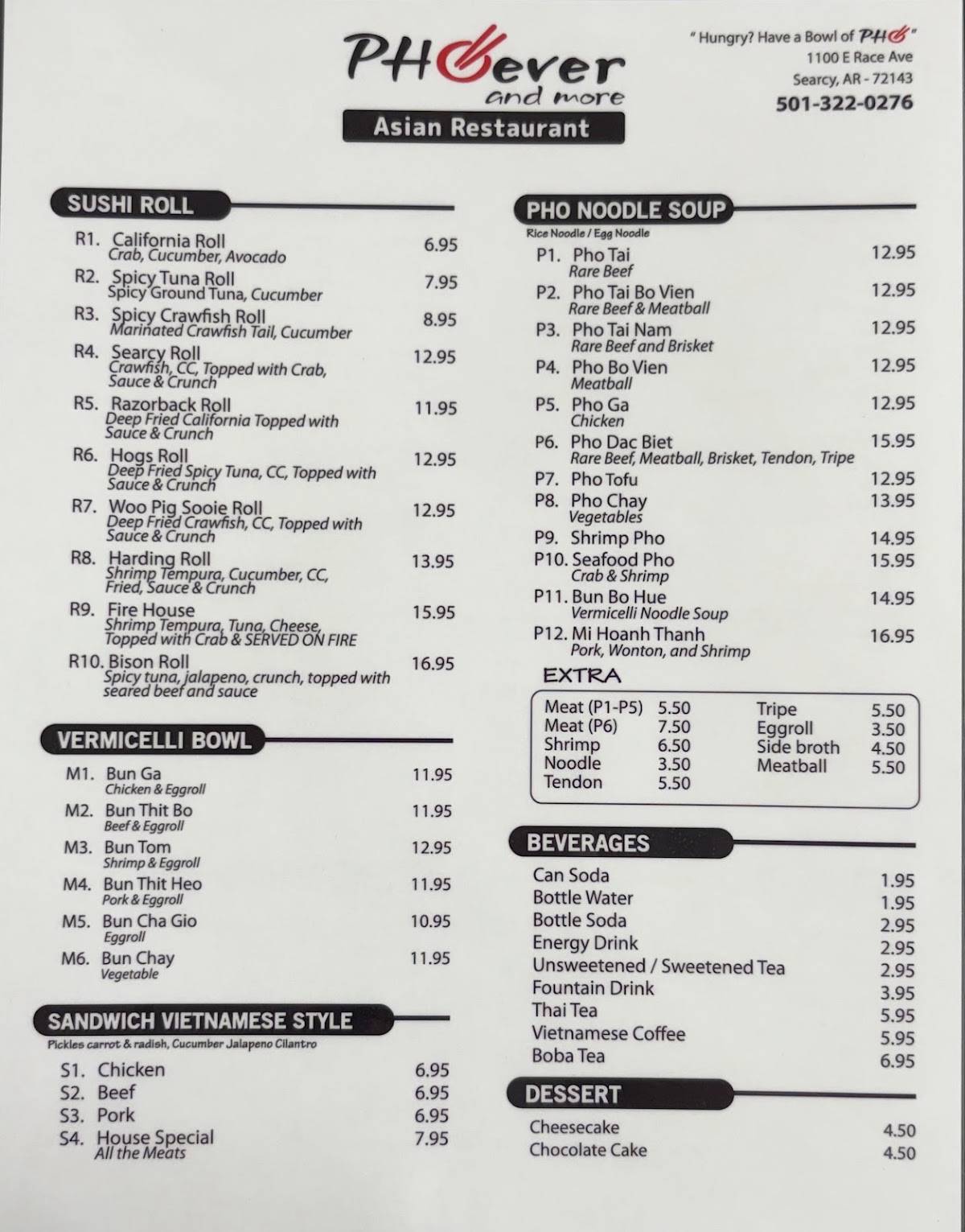 Menu at Pho Ever And More restaurant, Searcy