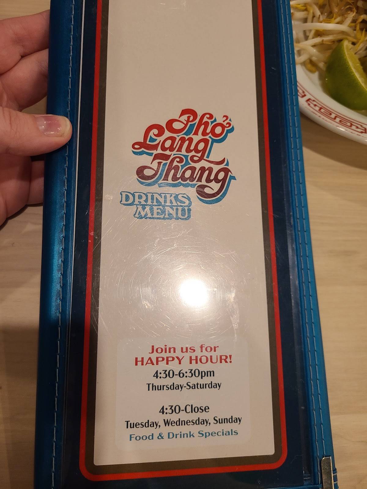 Menu at Pho Lang Thang restaurant, Cincinnati