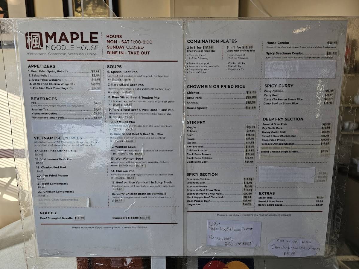 Menu at Pho Maple Noodle restaurant, Courtenay
