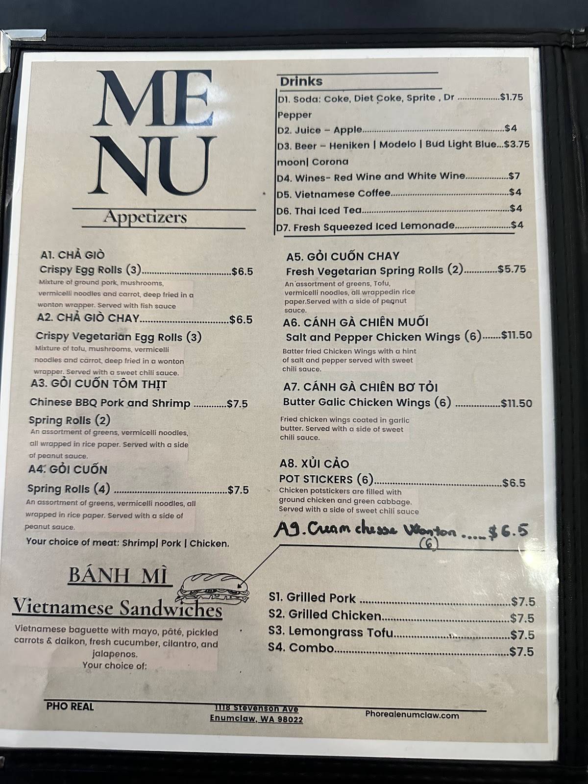 Menu at Pho Real restaurant, Enumclaw