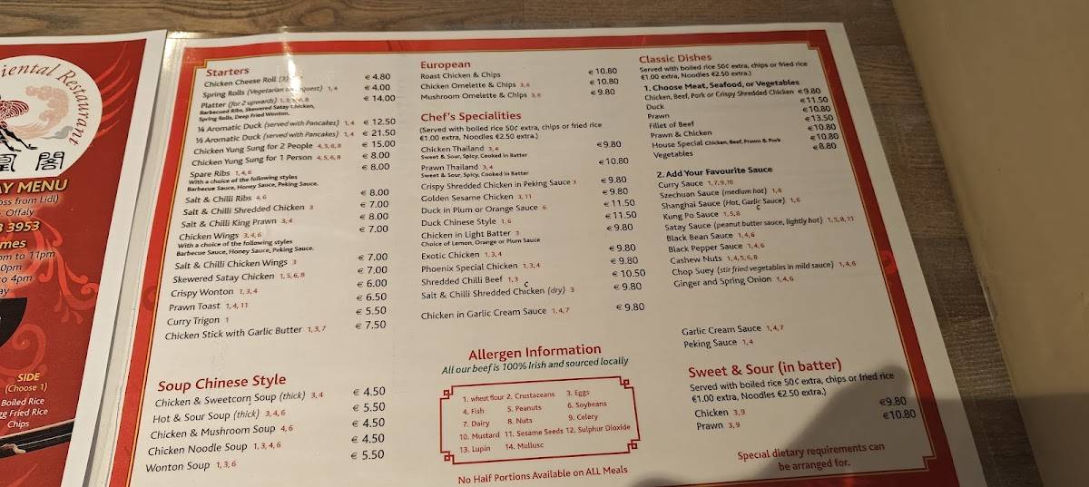 Menu at Phoenix Oriental Restaurant, Edenderry