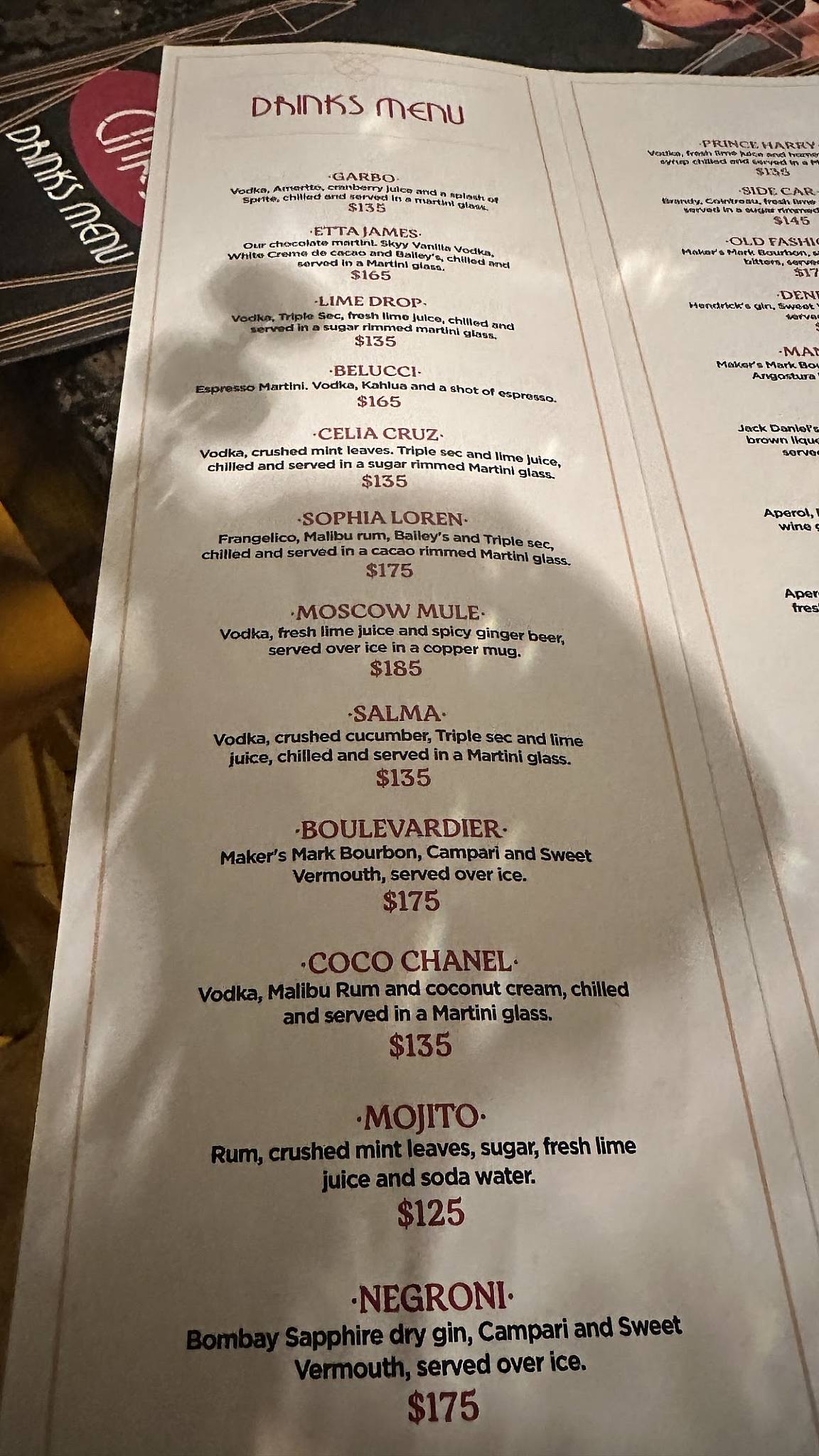 Menu at Piano Bar & Jazz Garbo, Puerto Vallarta