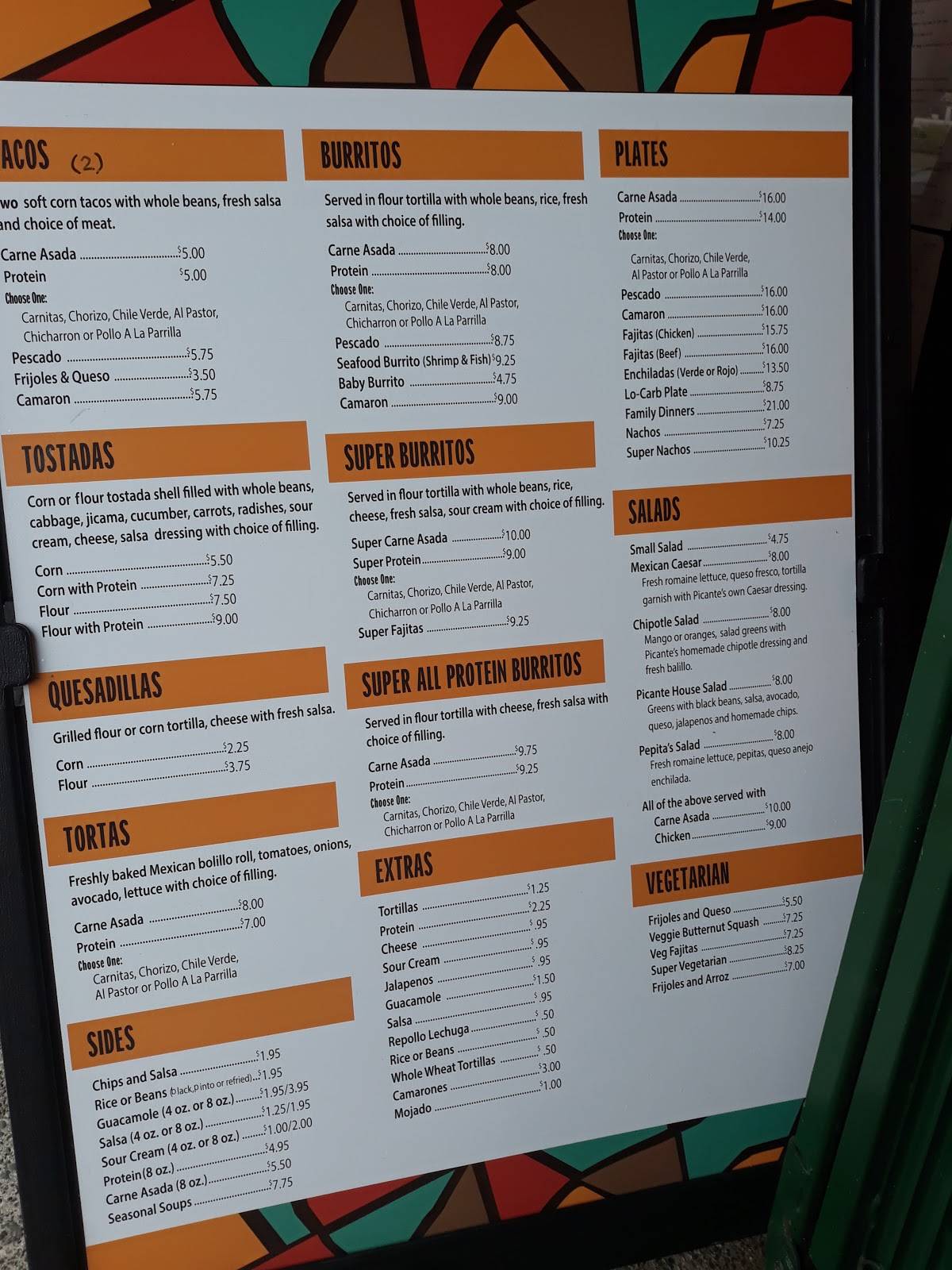 Menu at Picante restaurant, San Rafael