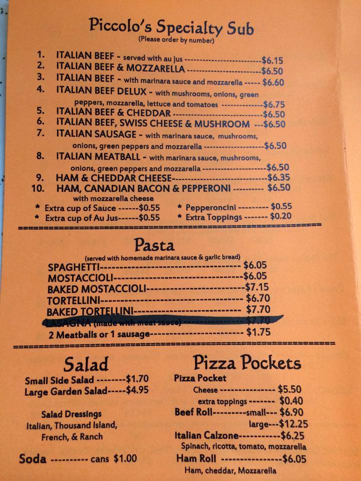 Menu at Piccolo's Pizzeria, Tiskilwa