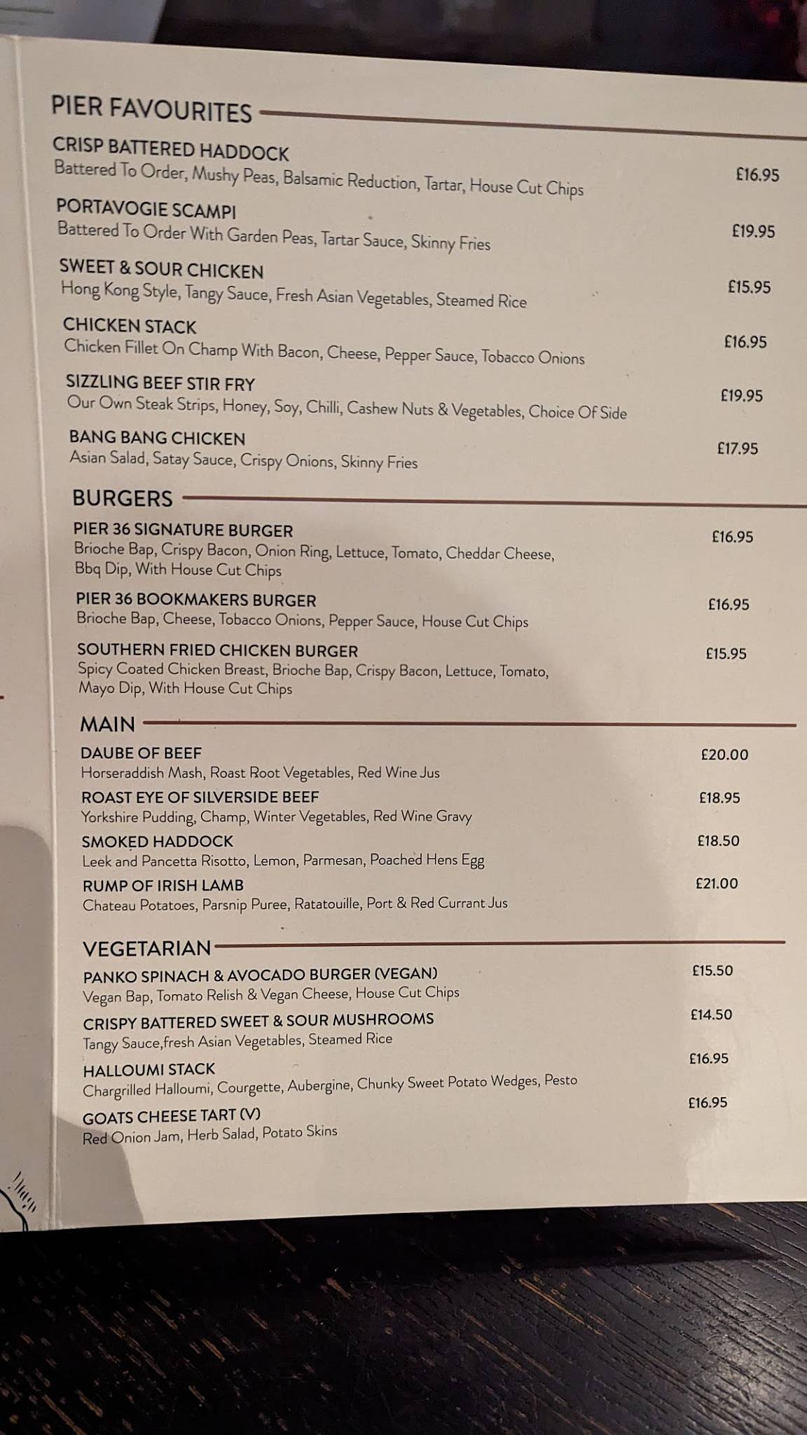 Menu at Pier 36 pub & bar, Donaghadee