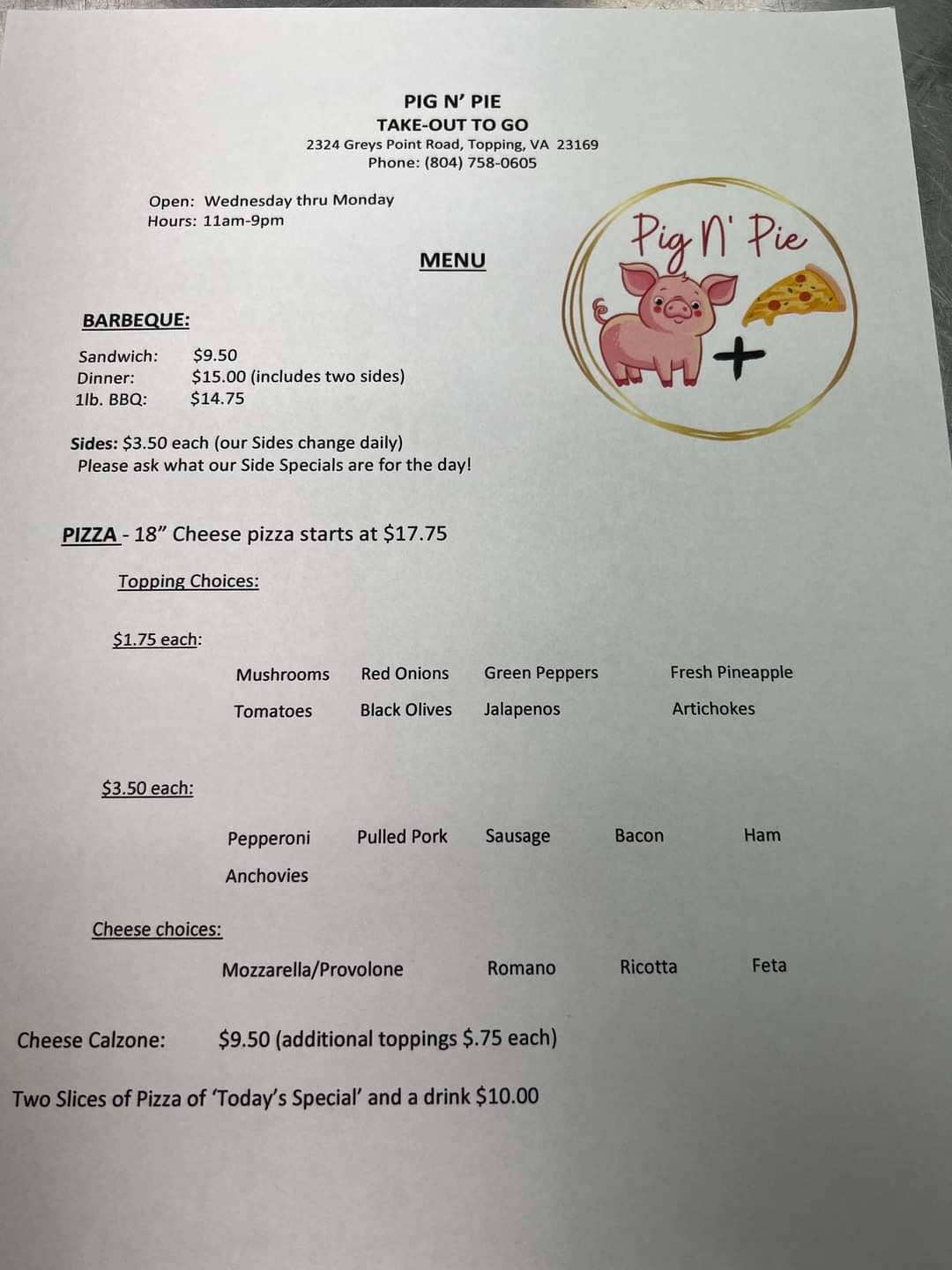 Menu at Pig & Pie pizzeria, Topping
