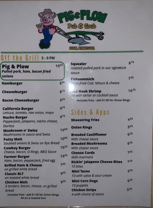 Carta de Pig & Plow Pub & Grub, Evan