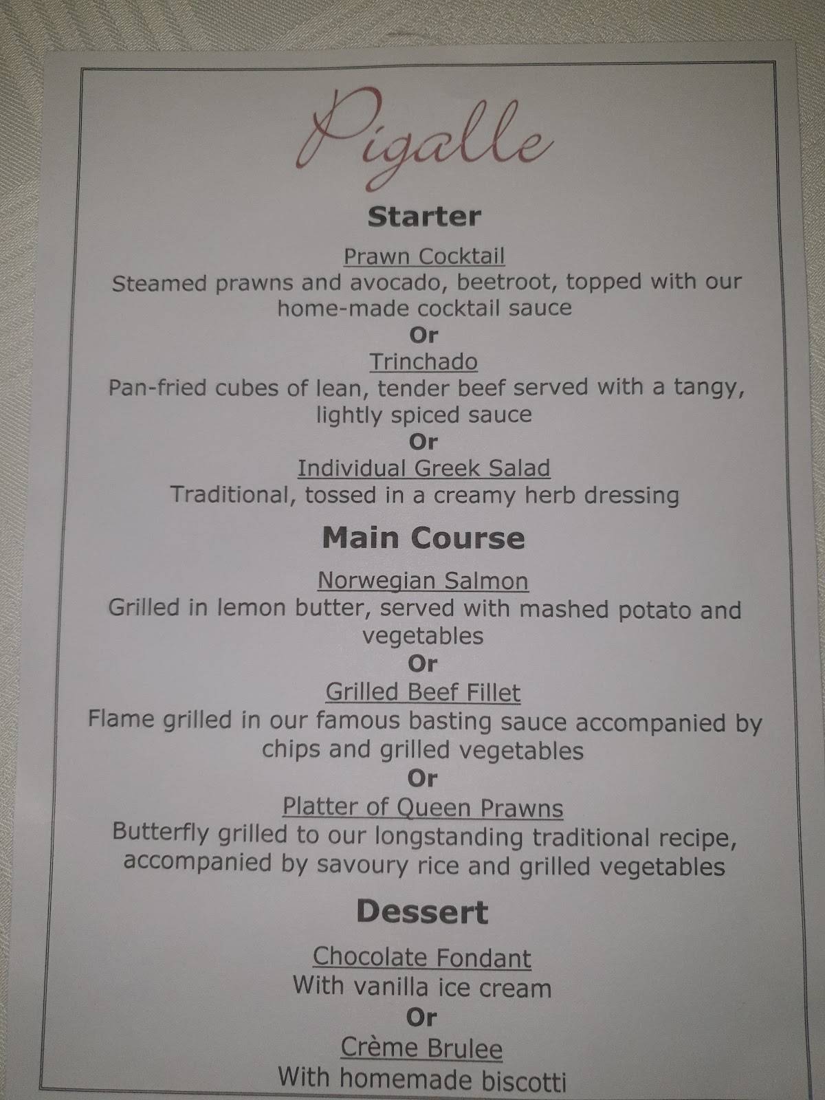 Menu at Pigalle Restaurant, Cape Town