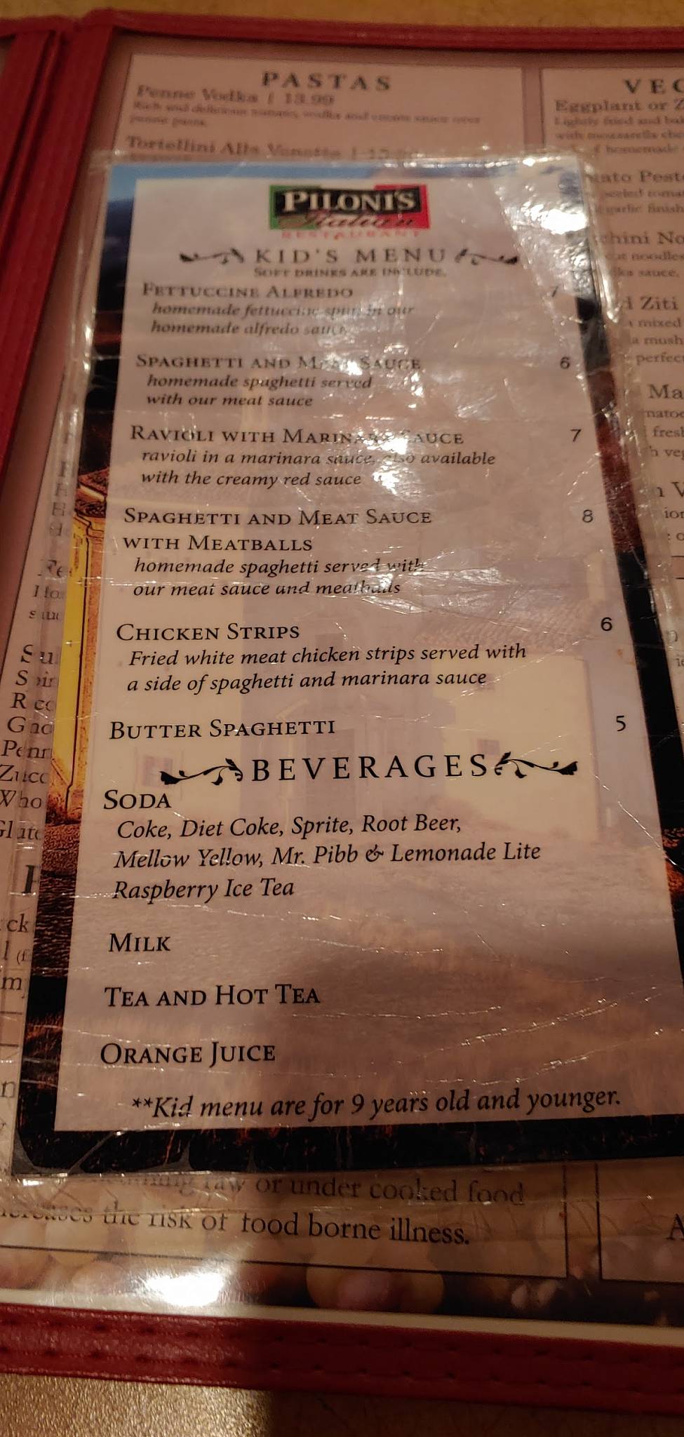 Menu at Piloni's Italian Restaurant, Terre Haute, Lafayette Avenue