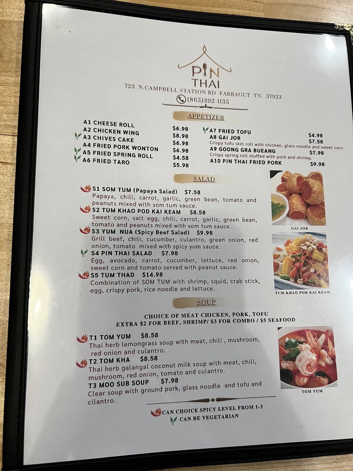 Menu at Pin Thai restaurant, Farragut