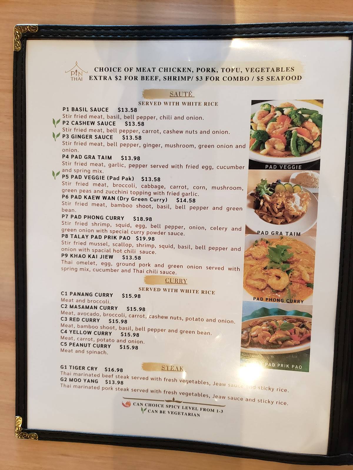 Menu at Pin Thai restaurant, Farragut