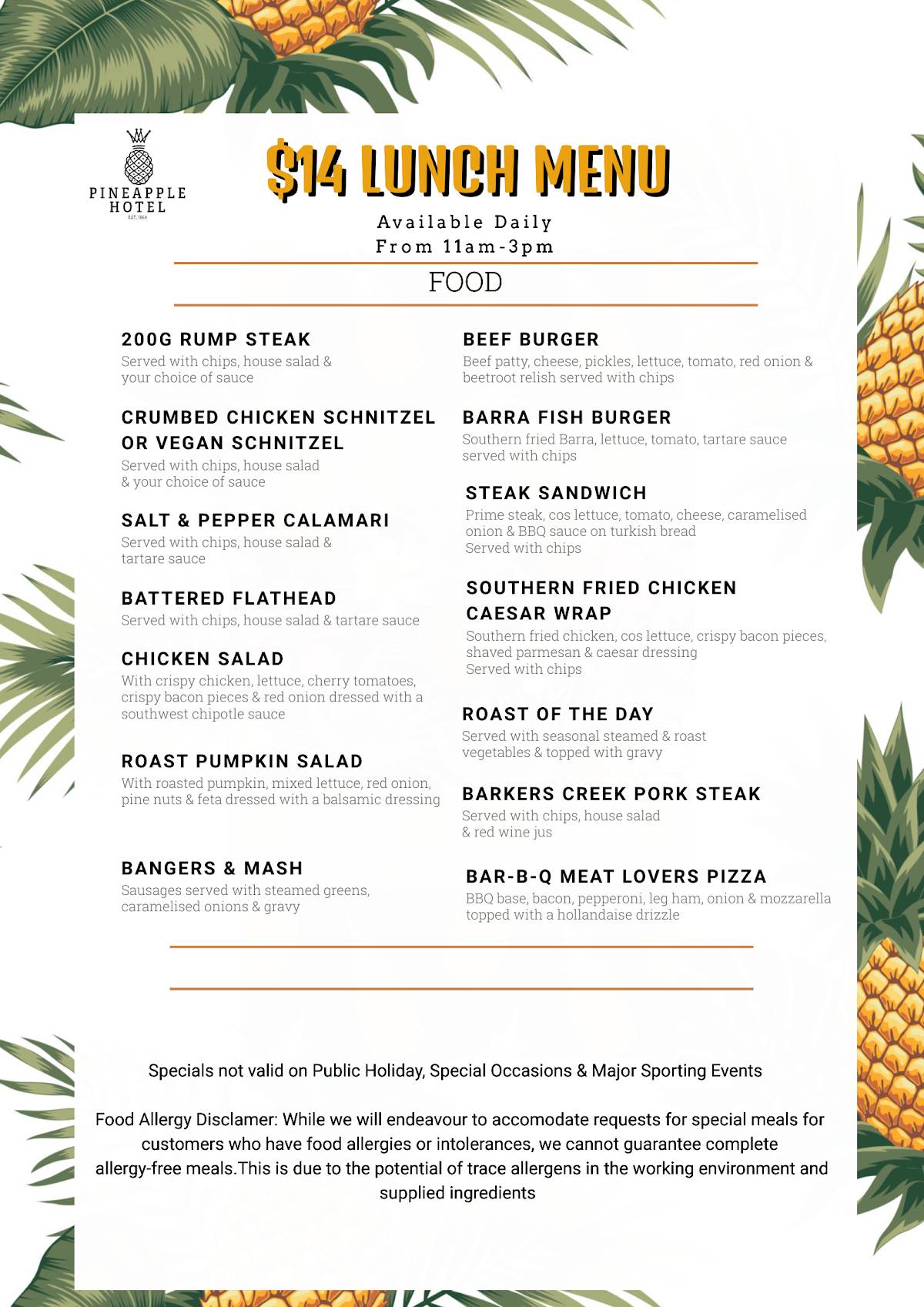 Menu at Pineapple Hotel pub & bar, Kangaroo Point, 706 Main St