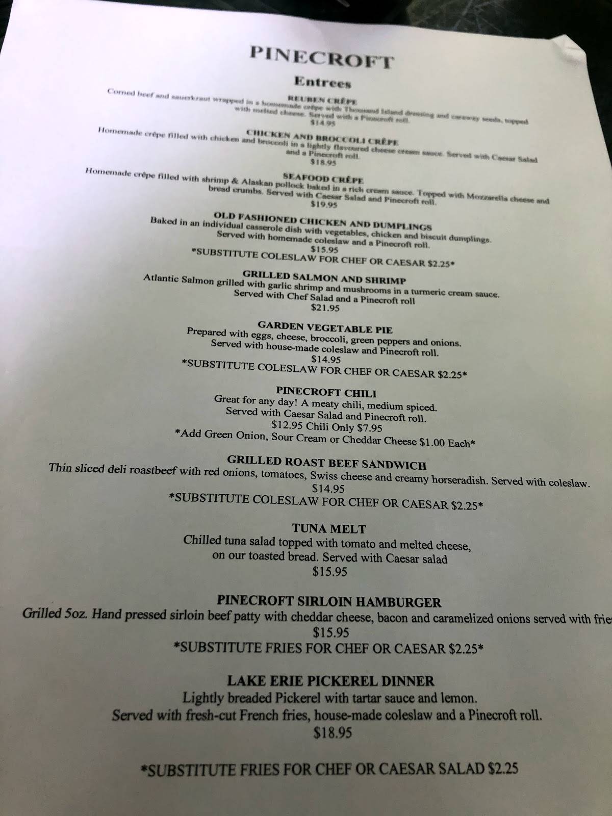 Menu at Pinecroft restaurant, Aylmer, Rogers Rd