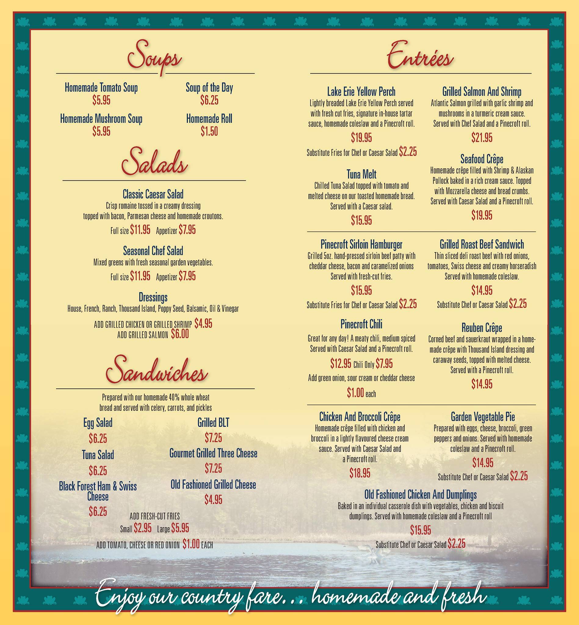 Menu at Pinecroft restaurant, Aylmer, Rogers Rd