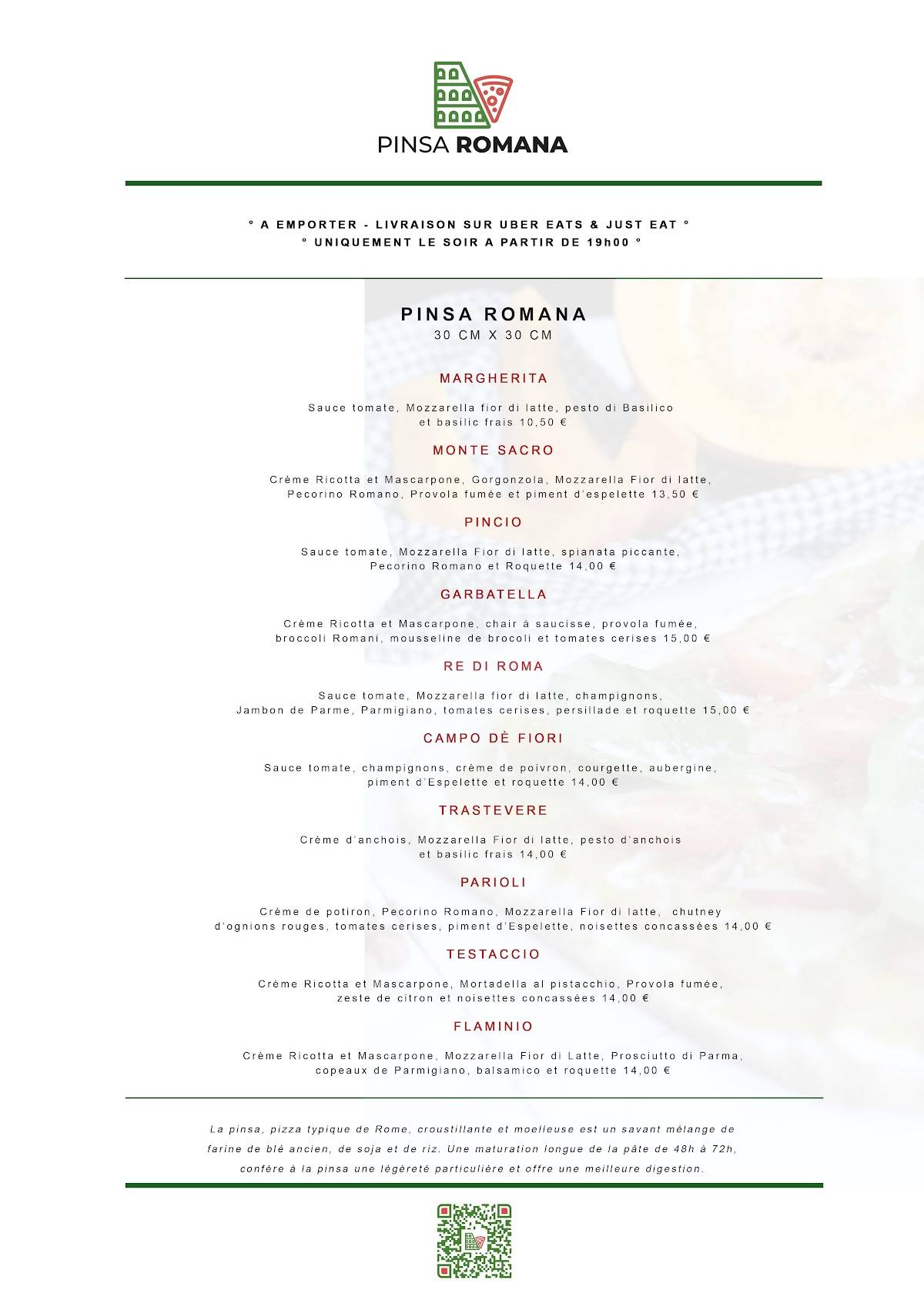 Carta del restaurante Pinsa Romana, Paris, 53 Rue Jean-Pierre Timbaud