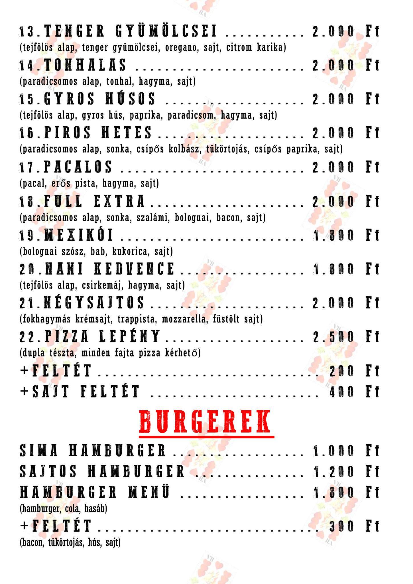 Menu at Piros 7-es Presszó és Étterem restaurant, Sármellék