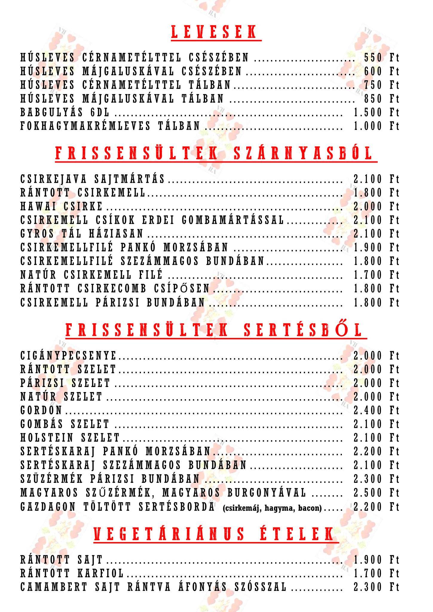 Menu at Piros 7-es Presszó és Étterem restaurant, Sármellék