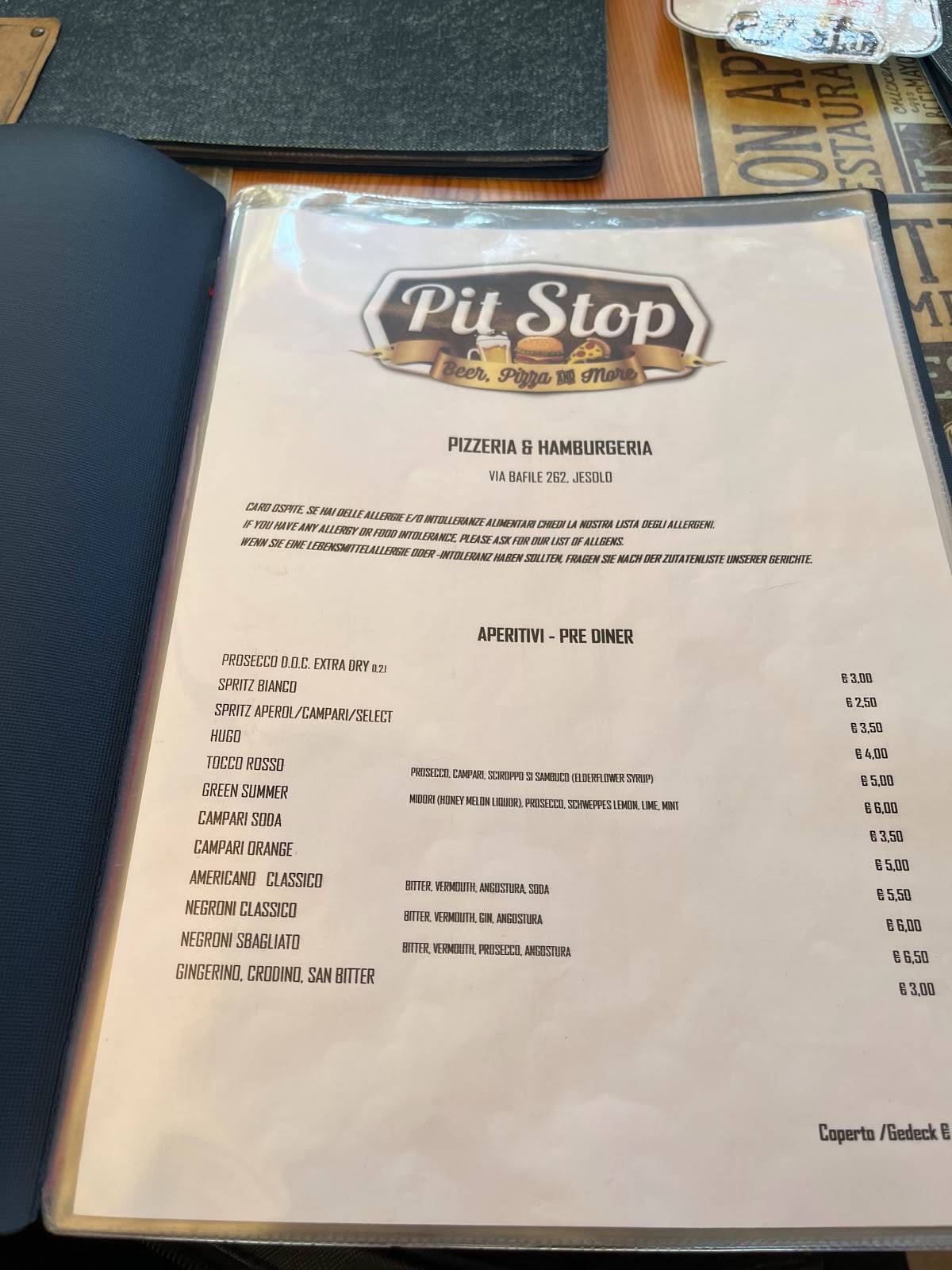 Menu da Pit Stop Pizzeria, Lido di Jesolo