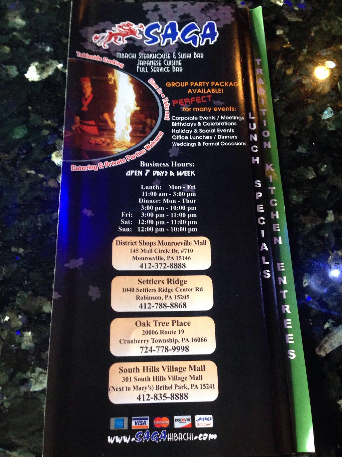 Menu at Saga Steakhouse & Sushi Bar, Pittsburgh, Settlers Ridge Center Dr