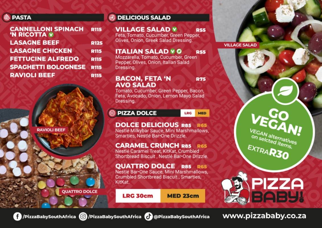Menu at Pizza Baby! Primrose pizzeria, Germiston
