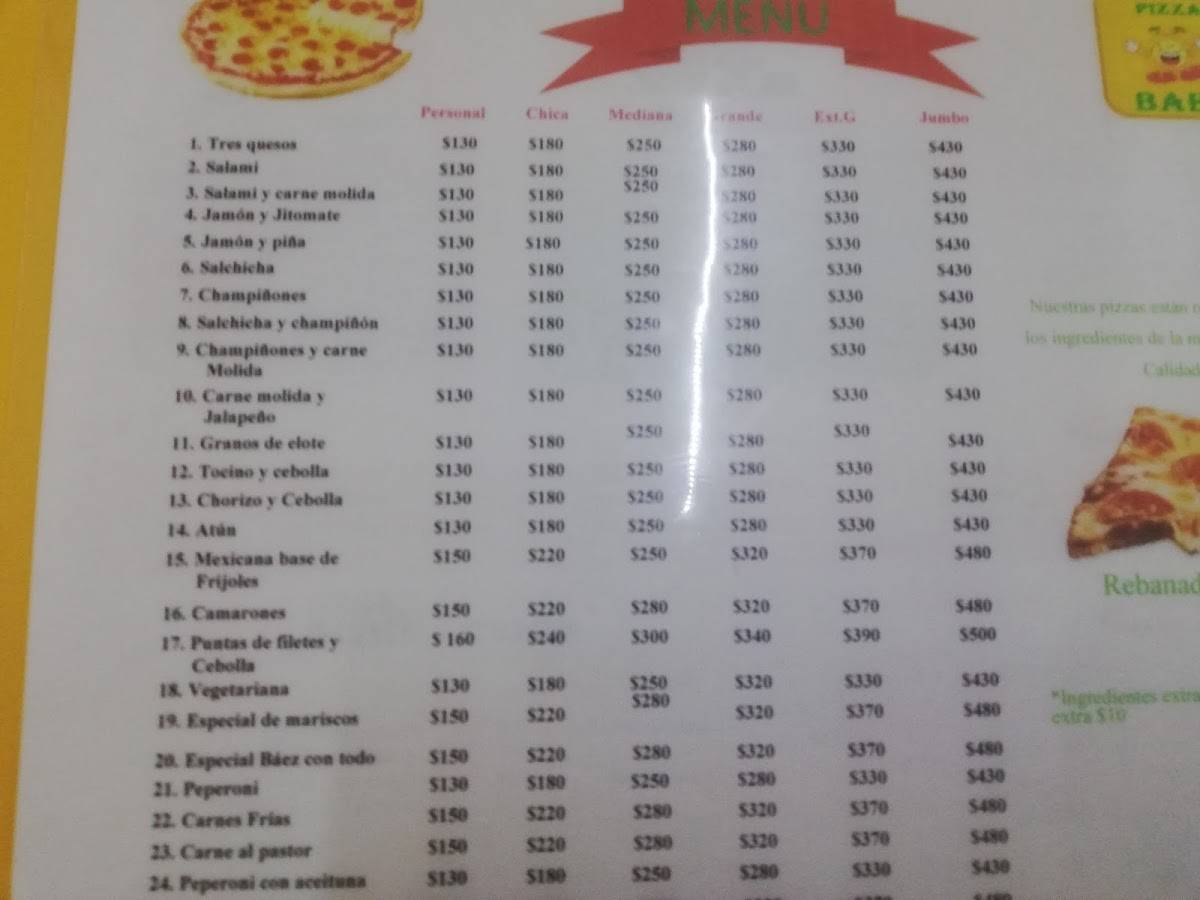 Carta del restaurante Pizza Báez Galarza, Guanajuato, Cjon. Galarza 14