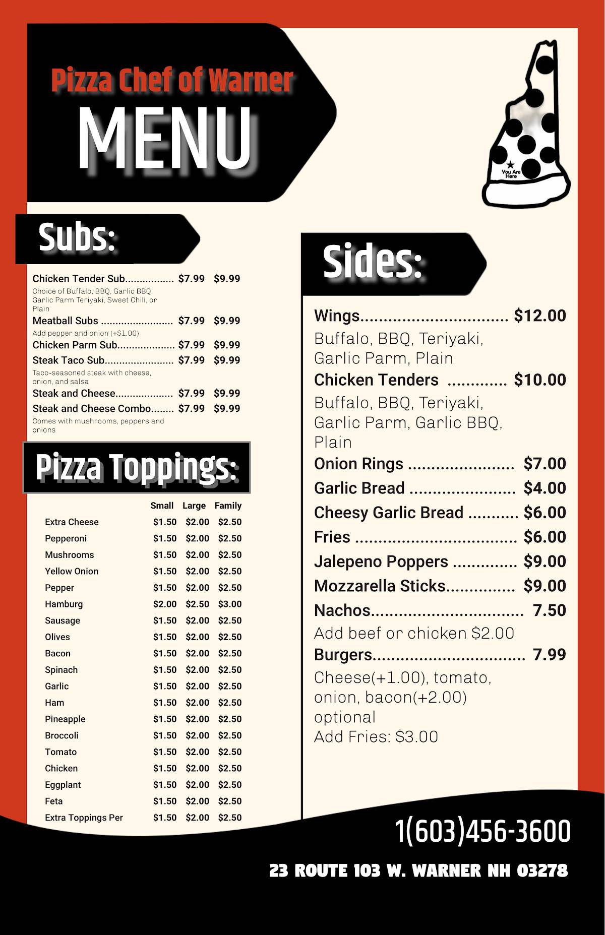 Menu at Pizza Chef of Warner LLC pizzeria, Warner