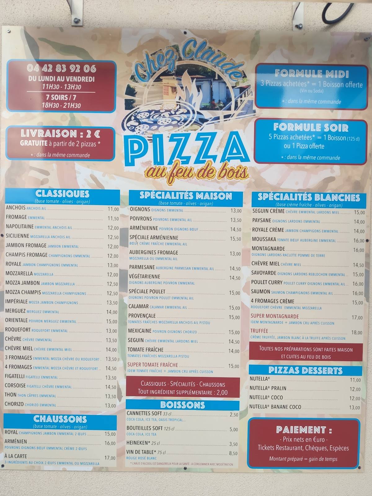 Menu au Pizza Chez Claude pizzeria, La Ciotat