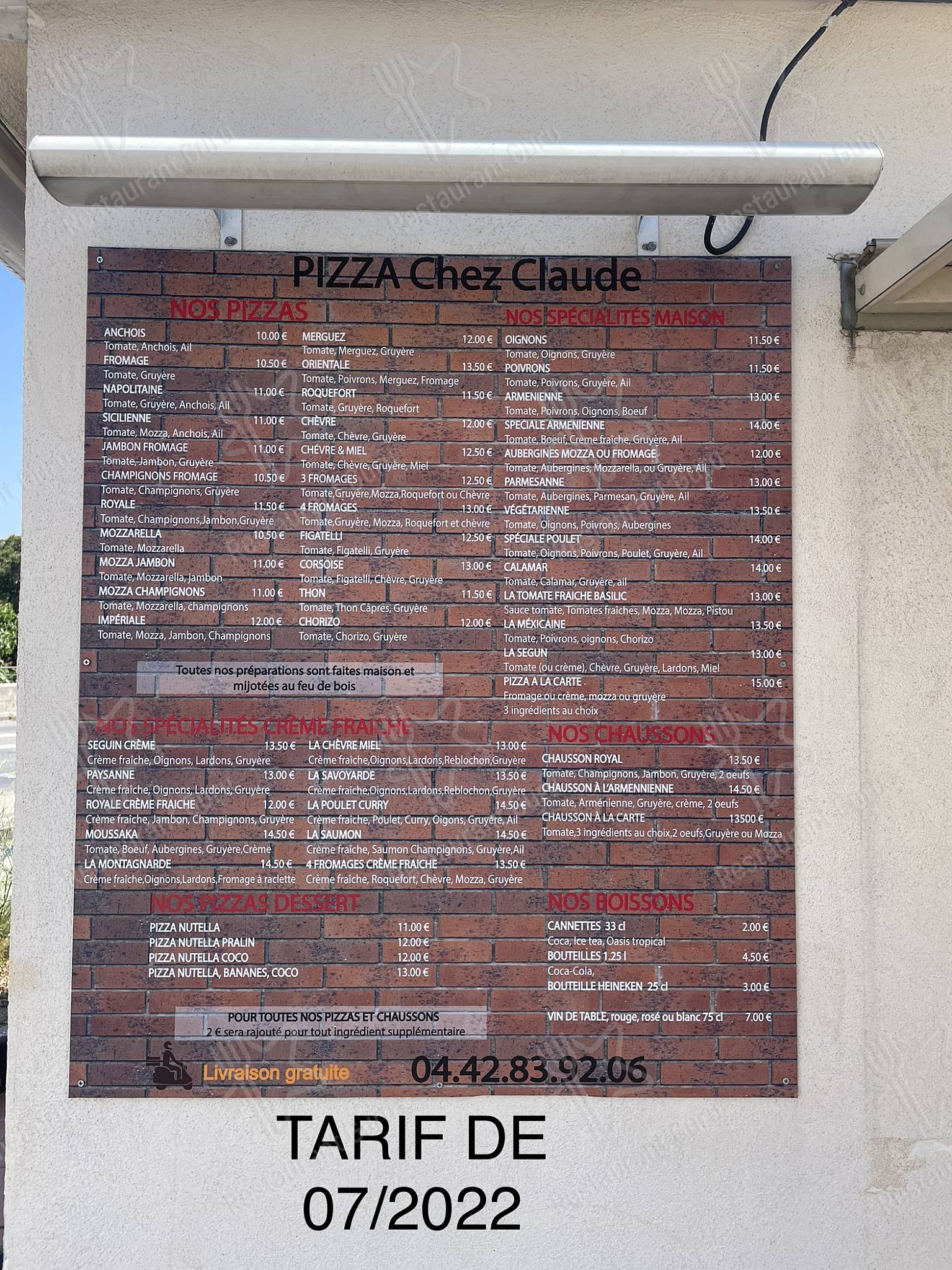 Menu au Pizza Chez Claude pizzeria, La Ciotat