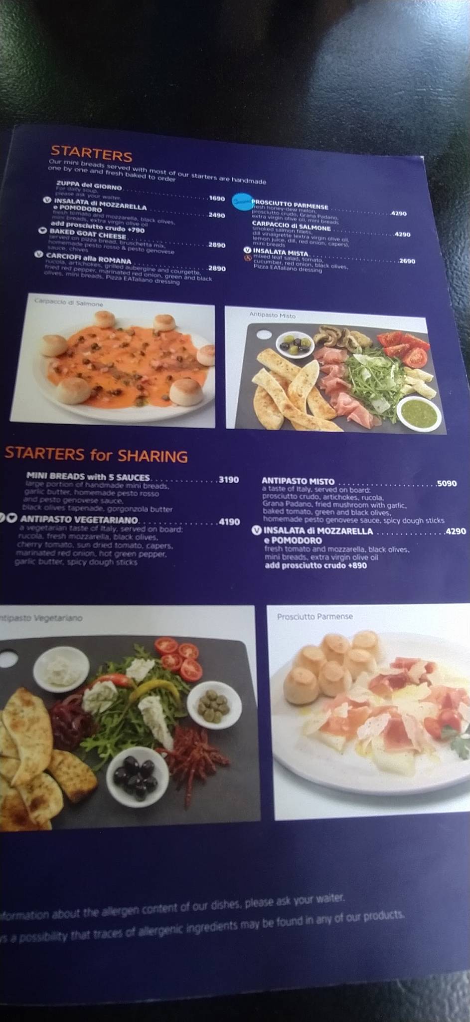 Menu at Pizza Eataliano restaurant, Budapest, Vécsey u. 5