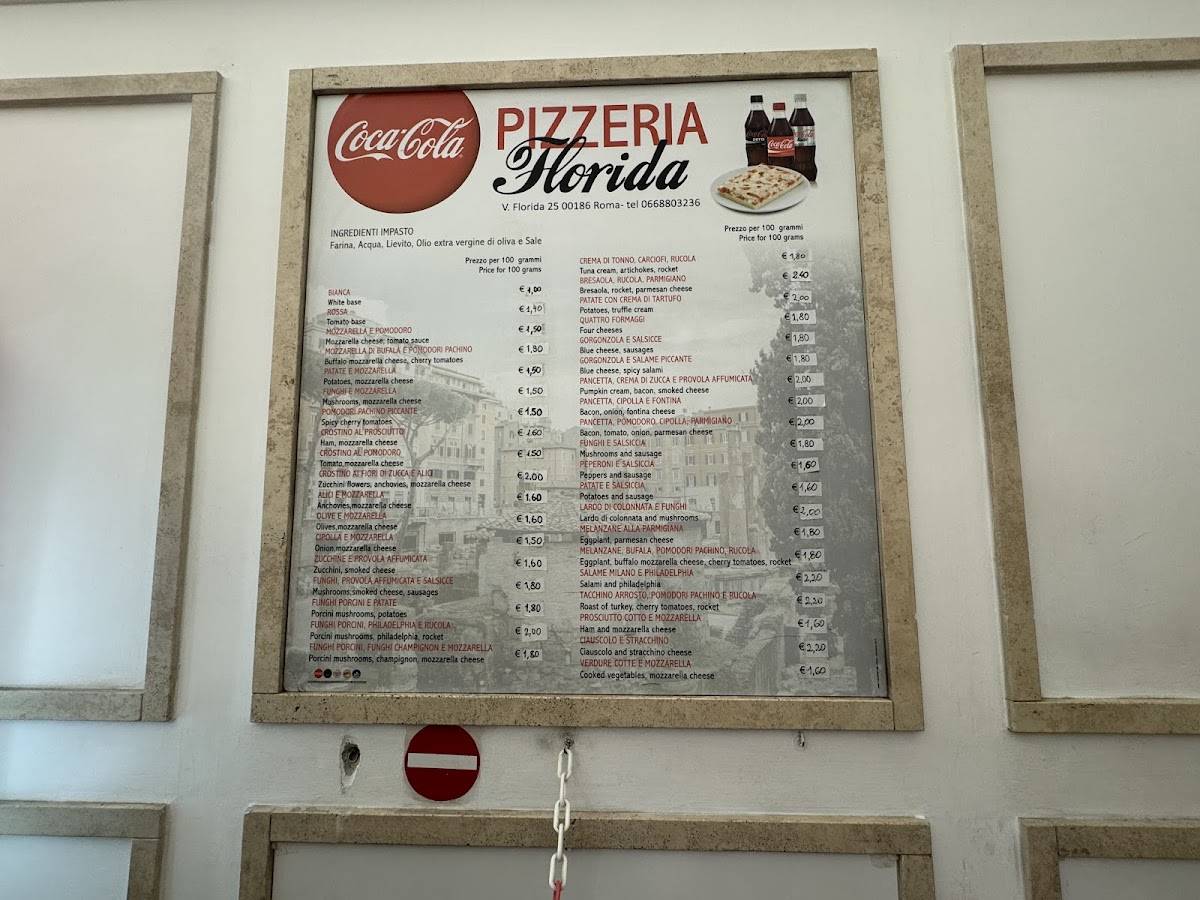 Menu at Pizza Florida pizzeria, Rome