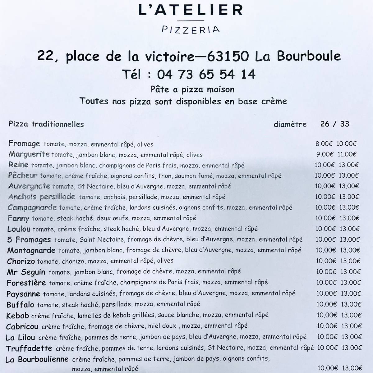 Menu au Pizza Loulou pizzeria, La Bourboule
