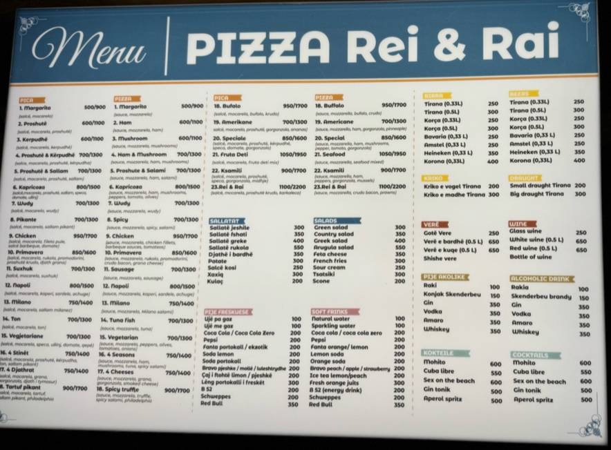 Menu at Pizza Rei&Rai restaurant, Ksamil, Isadora dunkan