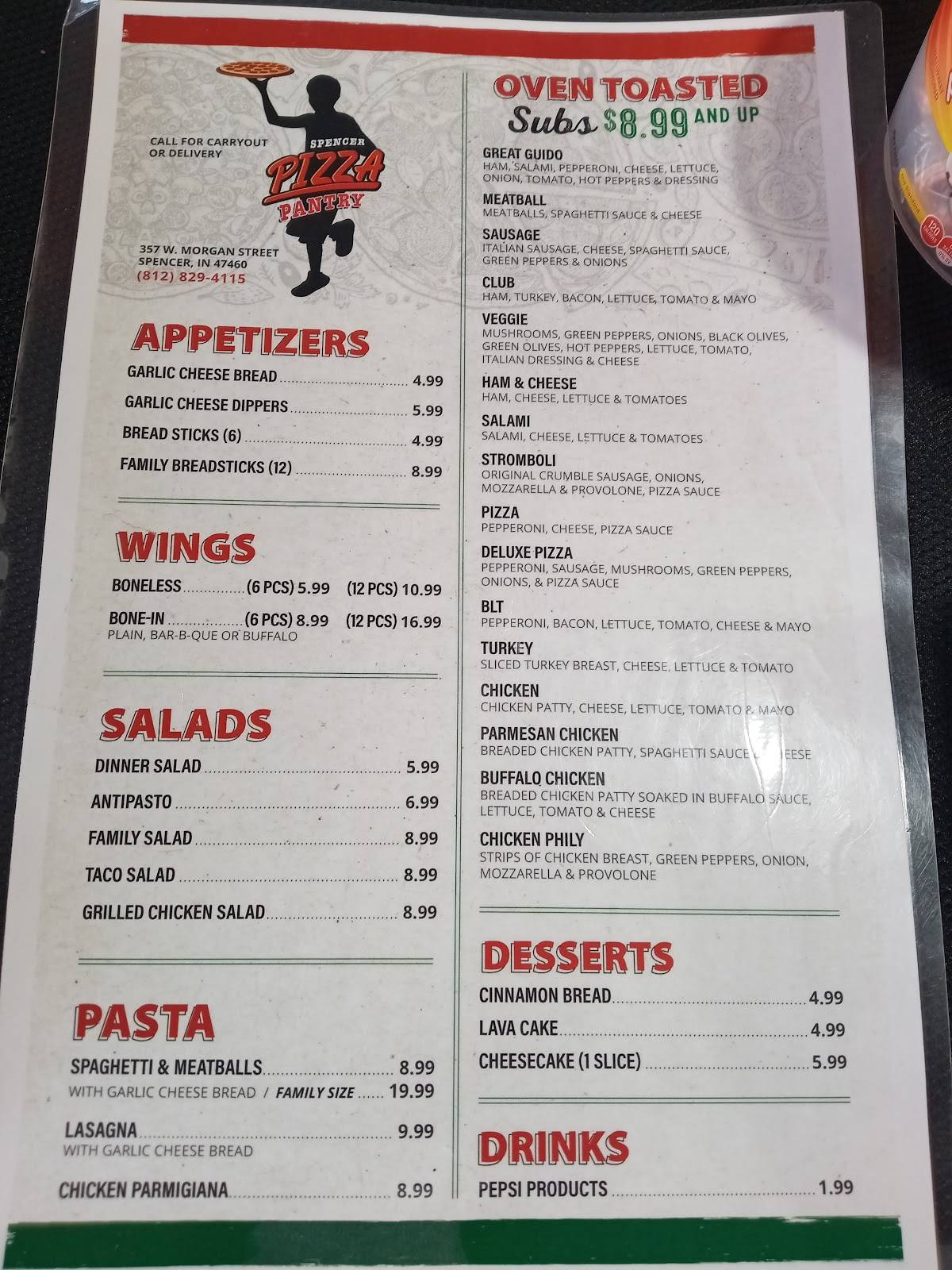 Menu at Pizza pantry spencer pizzeria, Spencer