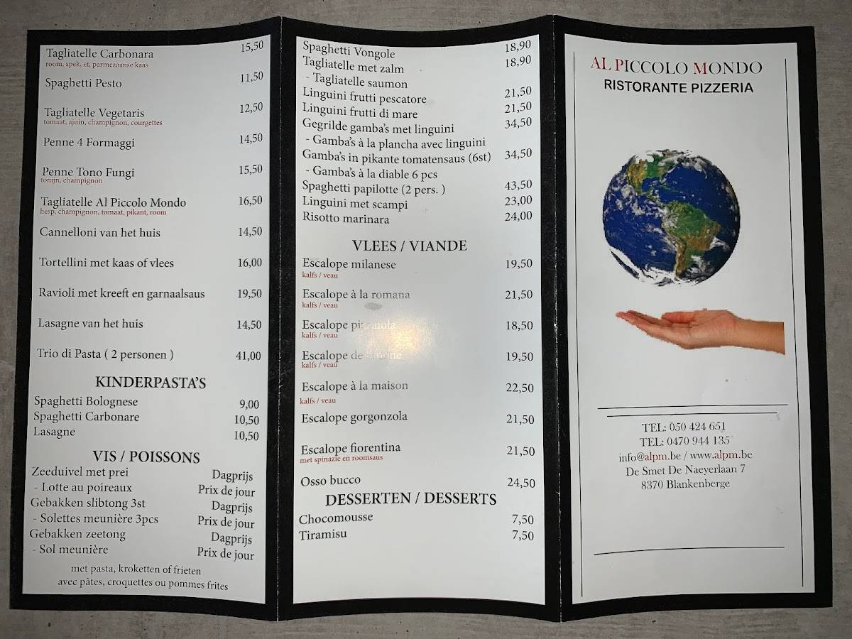 Menu at Al Piccolo Mondo, Blankenberge