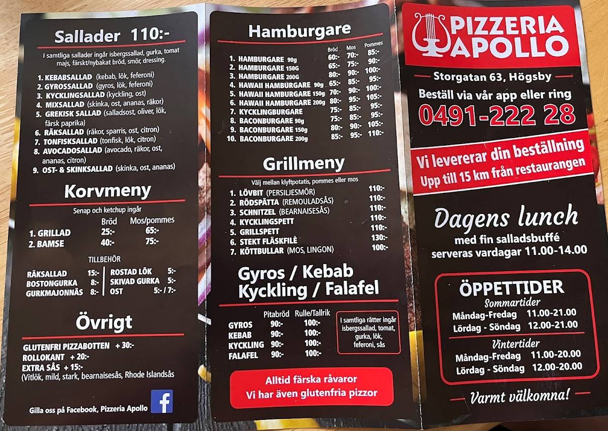 Menu at Pizzeria Apollo, Högsby