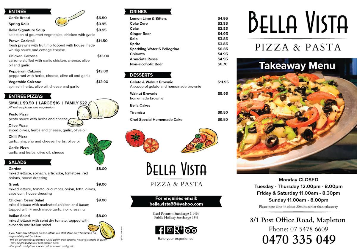 Menu at Bella Vista Pizza & Pasta pizzeria, Mapleton