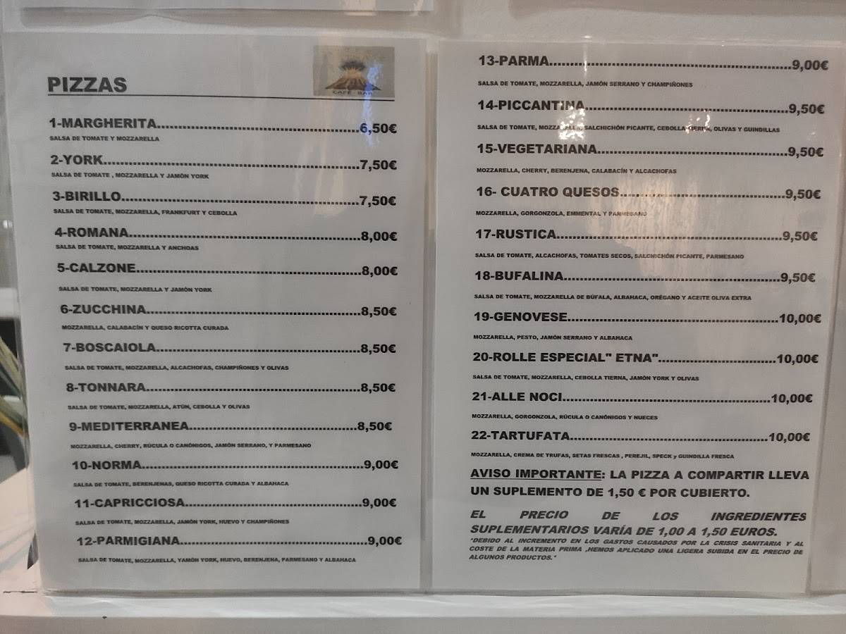 Carta de Pizzeria ETNA, Águilas