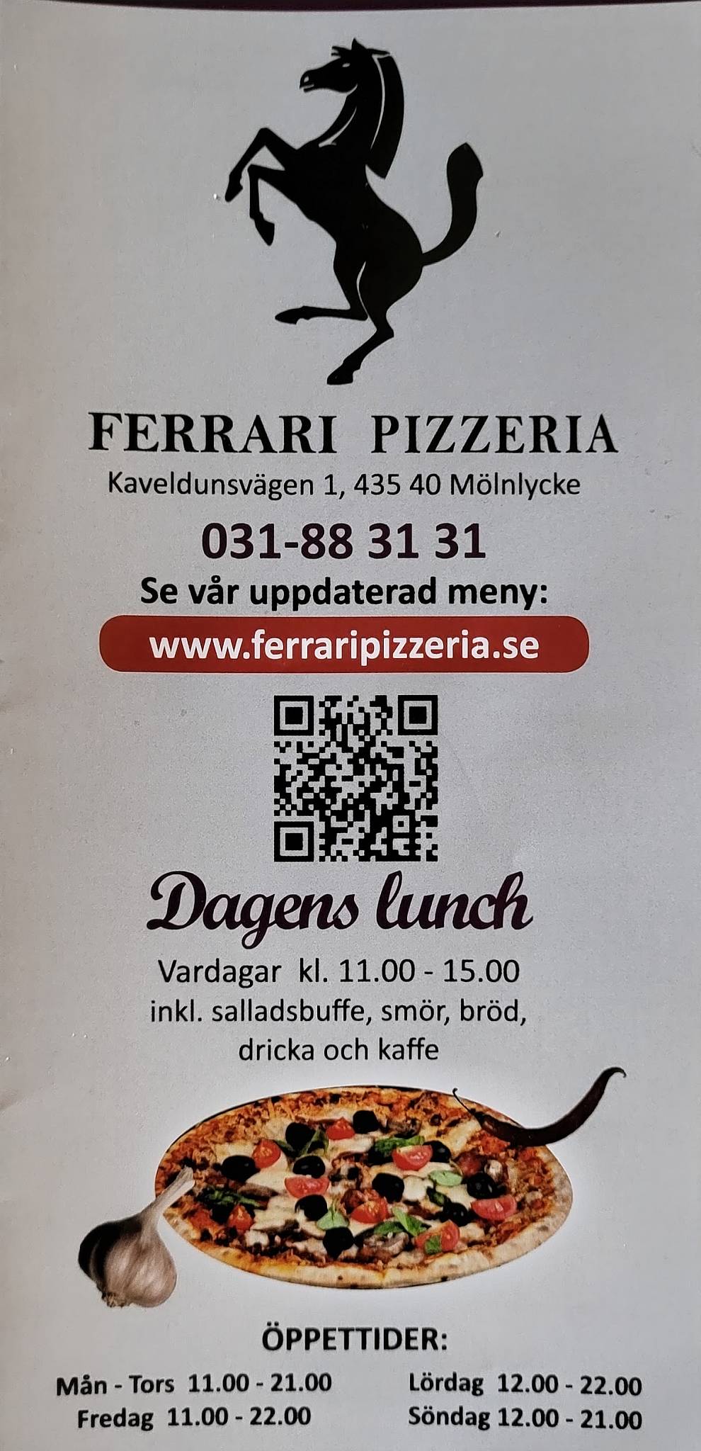 Menu at Pizzeria Ferrari, Mölnlycke