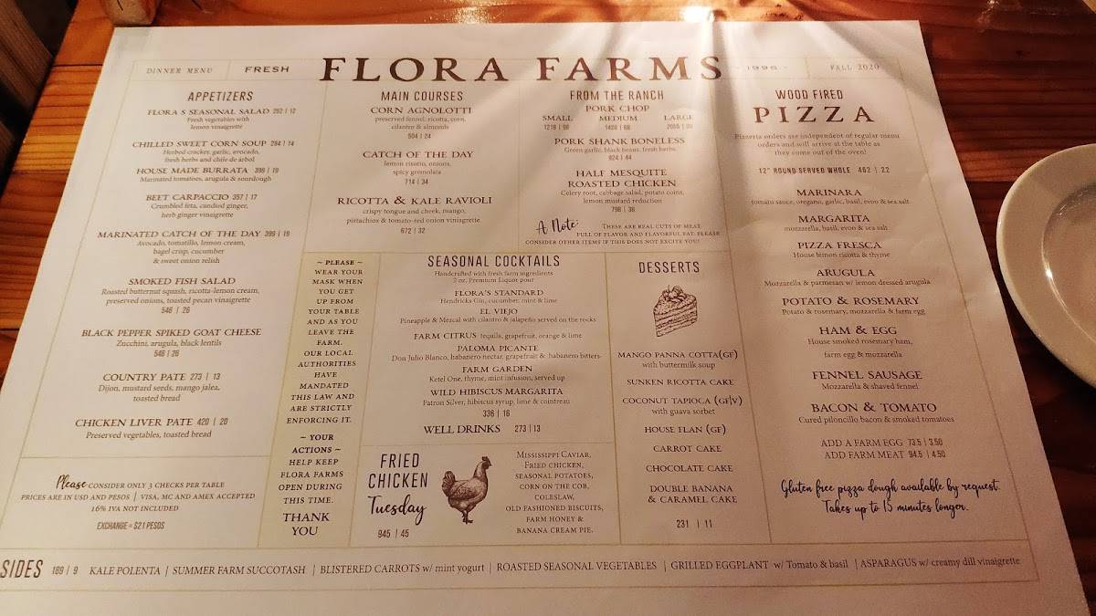 Menu at Flora Farms pub & bar, San José del Cabo, Carretera ...